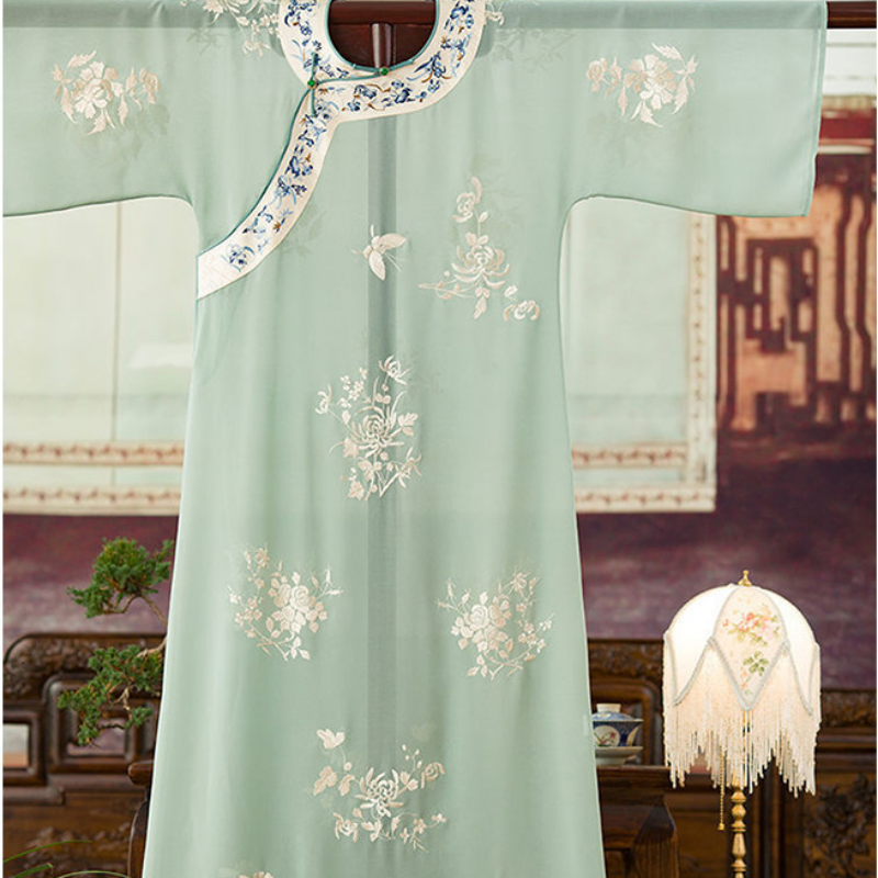 Lady Chinese Chiffon Sheer Cheongsam Embroidery Floral Long Dress ...