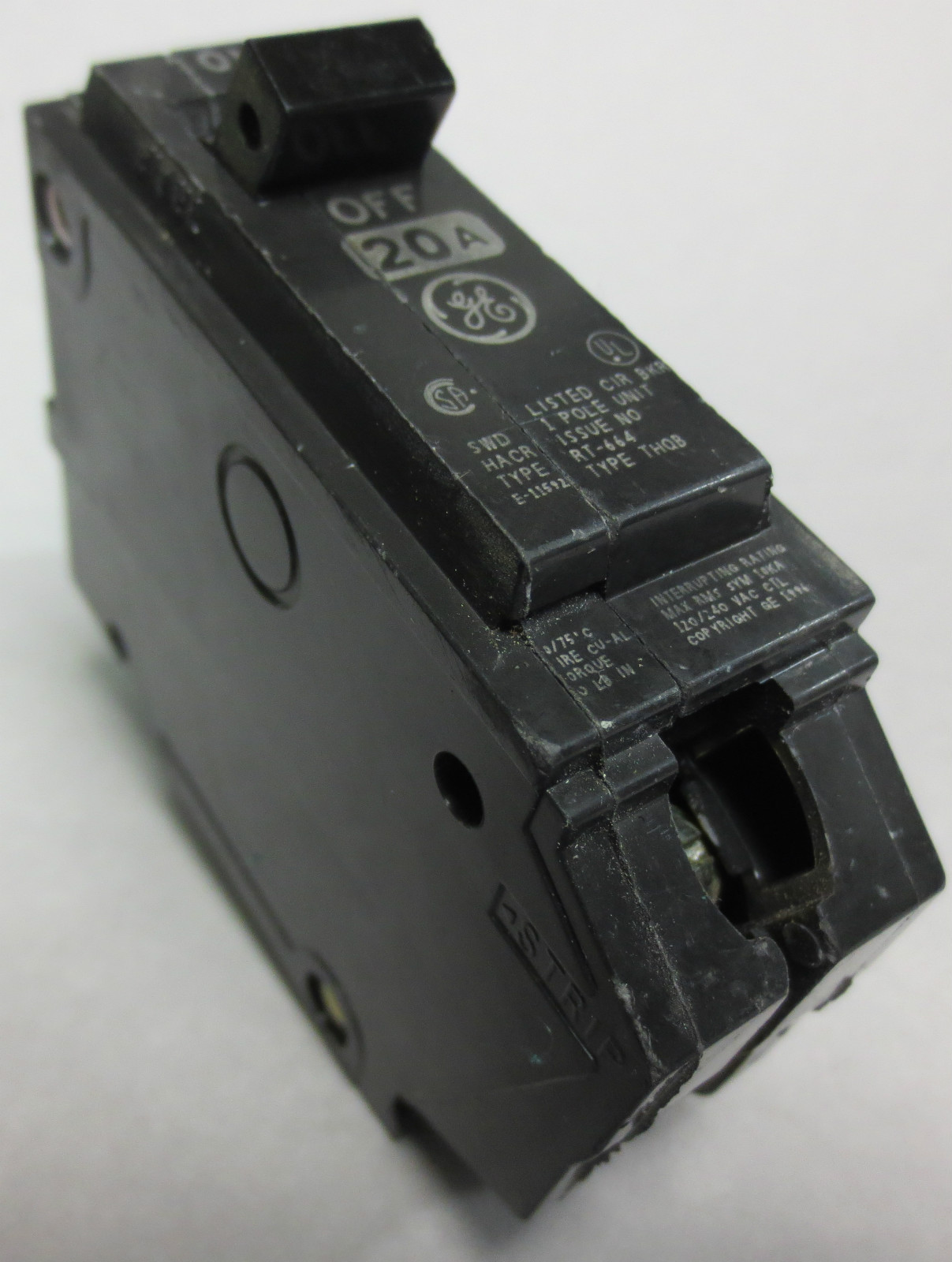 GENERAL ELECTRIC SWD HACR TYPE RT-664 / THQB 20A 1 POLE CIRCUIT BREAKER ...