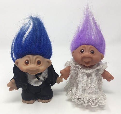 Vintage 1986 DAM Treasure Troll Doll Lot Wedding Bride & Groom 80s Blue ...