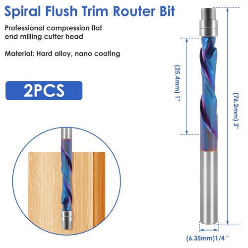 2Pcs 1/4inch Shank Spiral Flush Trim Router Bit Set Carbide Top Bearing ...