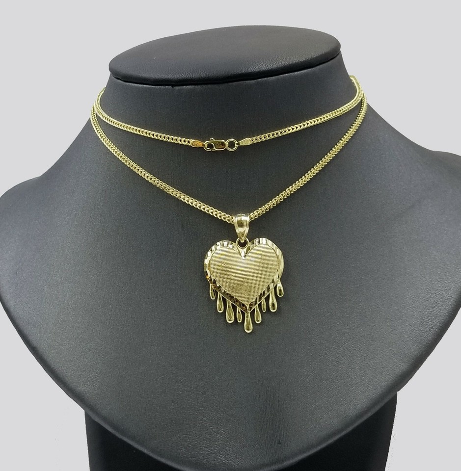 Real 10k Yellow Gold Charm Pendant Dripping heart with Franco Chain 18 ...