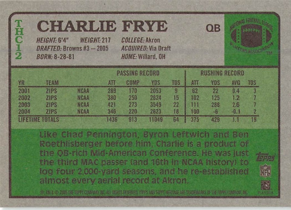 CHARLIE FRYE 2005 TOPPS HERITAGE FOOTBALL FOILBOARD THC12 | eBay