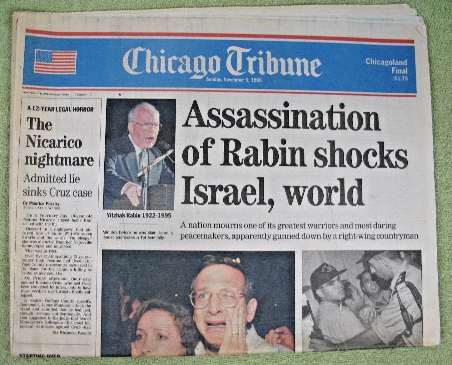 Chicago Tribune: "Assassination of Rabin shocks Israel, world" November ...
