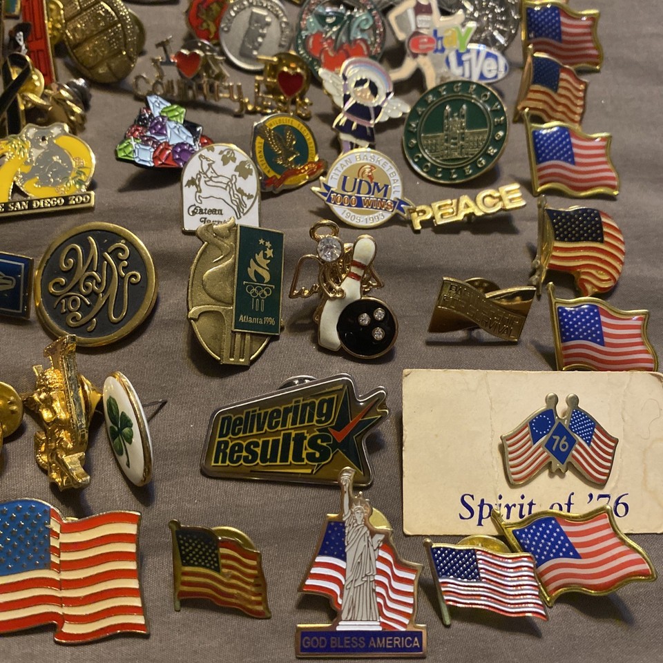 Vintage Lot 65 Hat Cap Lapel Pin US Flag USPS Meadow Brook Sport Alumni ...