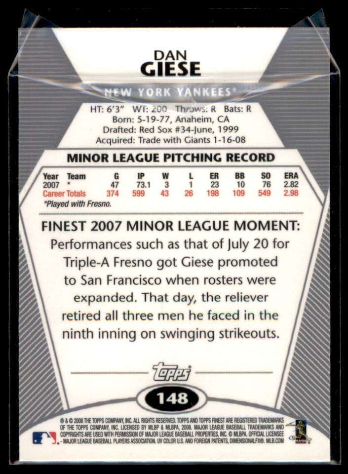 2008 FINEST DAN GIESE NEW YORK YANKEES #148 | eBay