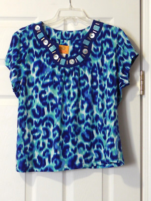 Ruby Red Women's Size L-Petite Blue Multi Scoop Neck w/Bead Accent SS ...