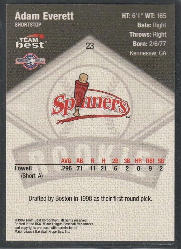 182, Original Autograph, Adam Everett RC; Lowell Spinners, 1999 Team Best #23 | eBay