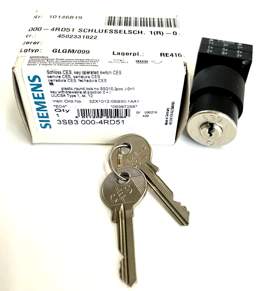 Siemens 3SB3000-4RD51 Schlüsselschalter Schloss CES Key Operated Switch ...