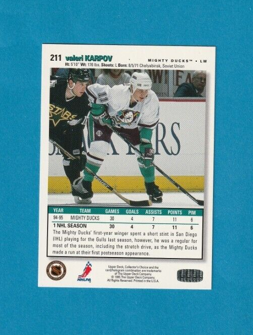 1995-96 Collector's Choice PLAYERS CLUB # 211 Valeri Karpov ANAHEIM DUCKS | eBay