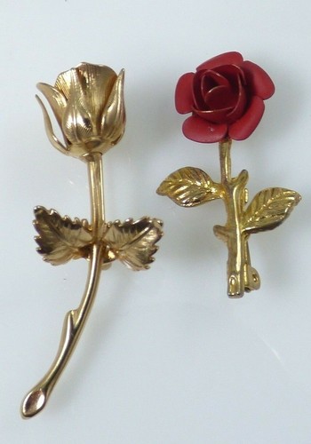 Rose Brooch Pins Gold Tone Metal with Leaves Stems Red Enamel Lot of 2 ...
