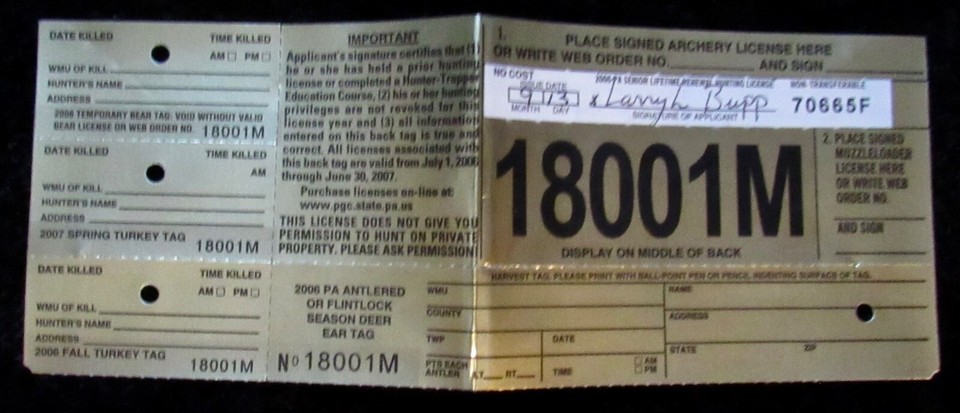 2006 Pennsylvania SENIOR Lifetime Resident Hunting License - Back Tag ...