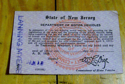 RARE vintage antique 1929 State of New Jersey DRIVER'S LICENSE drivers ...