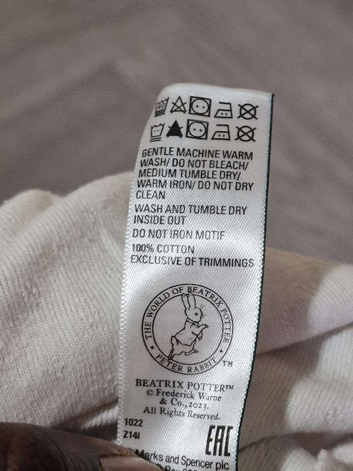 M&S Peter Rabbit Sleepsuit 12/18M Ivory Cotton Footed Grippy Soles ...