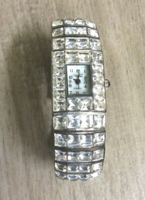 Geneva Women's Crystal Silver Bangle Watch Rectangle White Dial Crystal ...