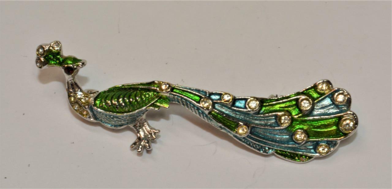 Vintage Signed CZECHO SLOVAKIA Green Enamel Rhinestones PEACOCK Shape ...
