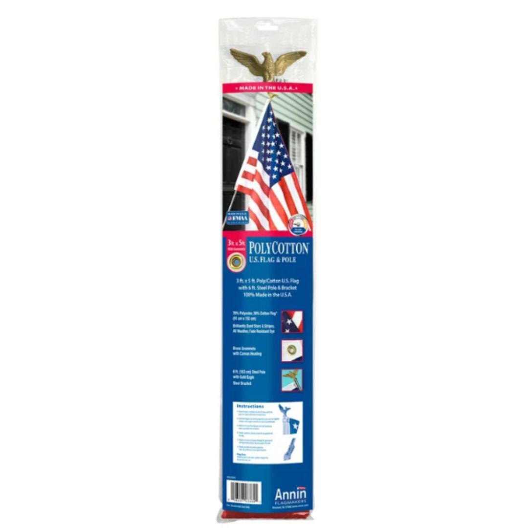 US American Flag Kit with 6 Foot Steel Pole And Bracket Poly Cotton 3 ...
