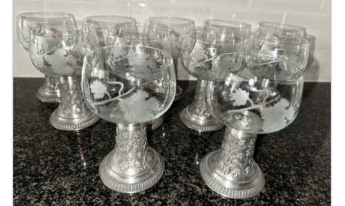 SKS Zinn Germany Pewter Goblets Set of 11 Etched Glass Grape Design | eBay
