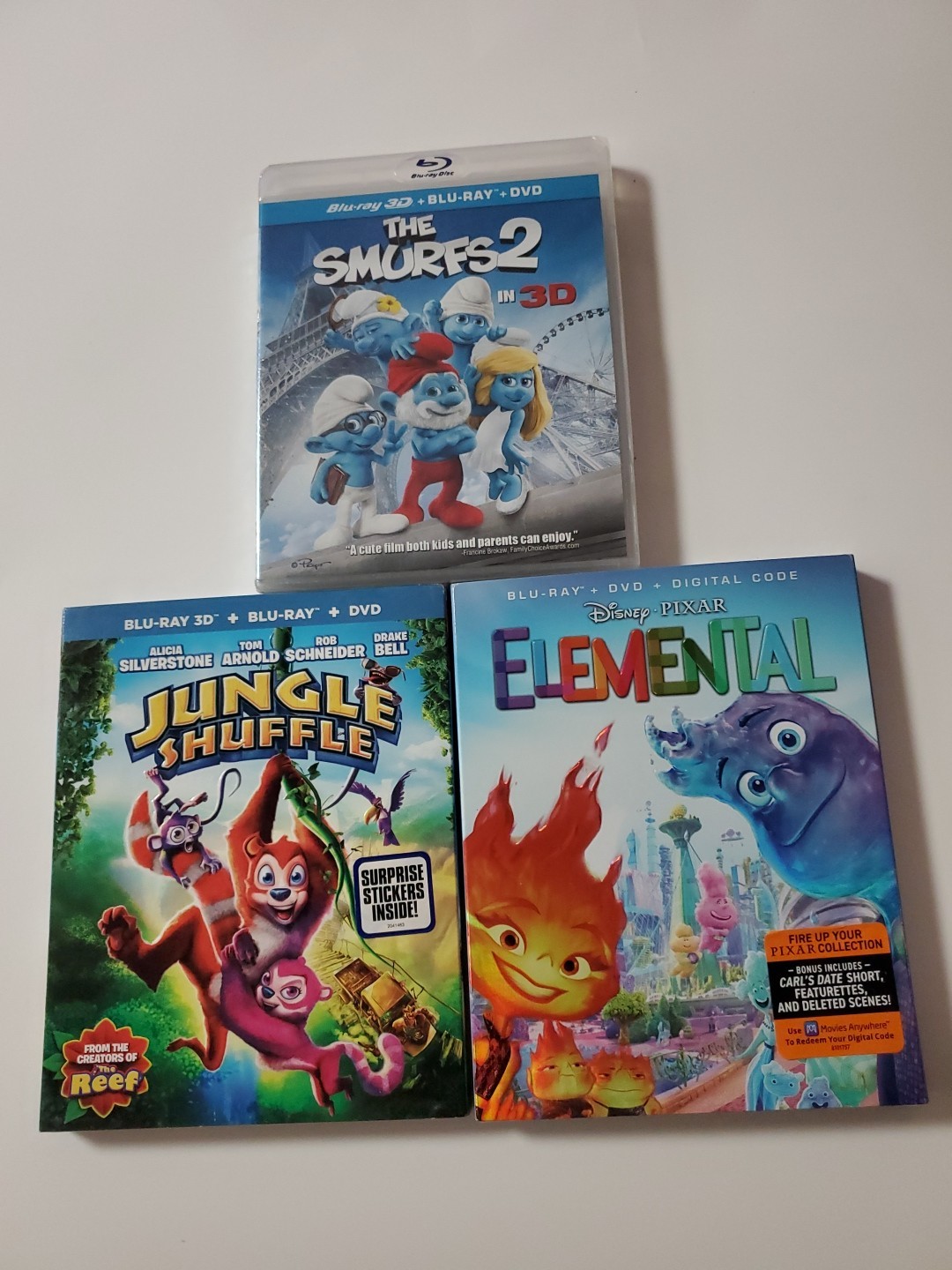3 ANIMATED BLU-RAY MOVIE LOT, THE SMURFS 2+ JUNGLE SHUFFLE + ELEMENTAL ...