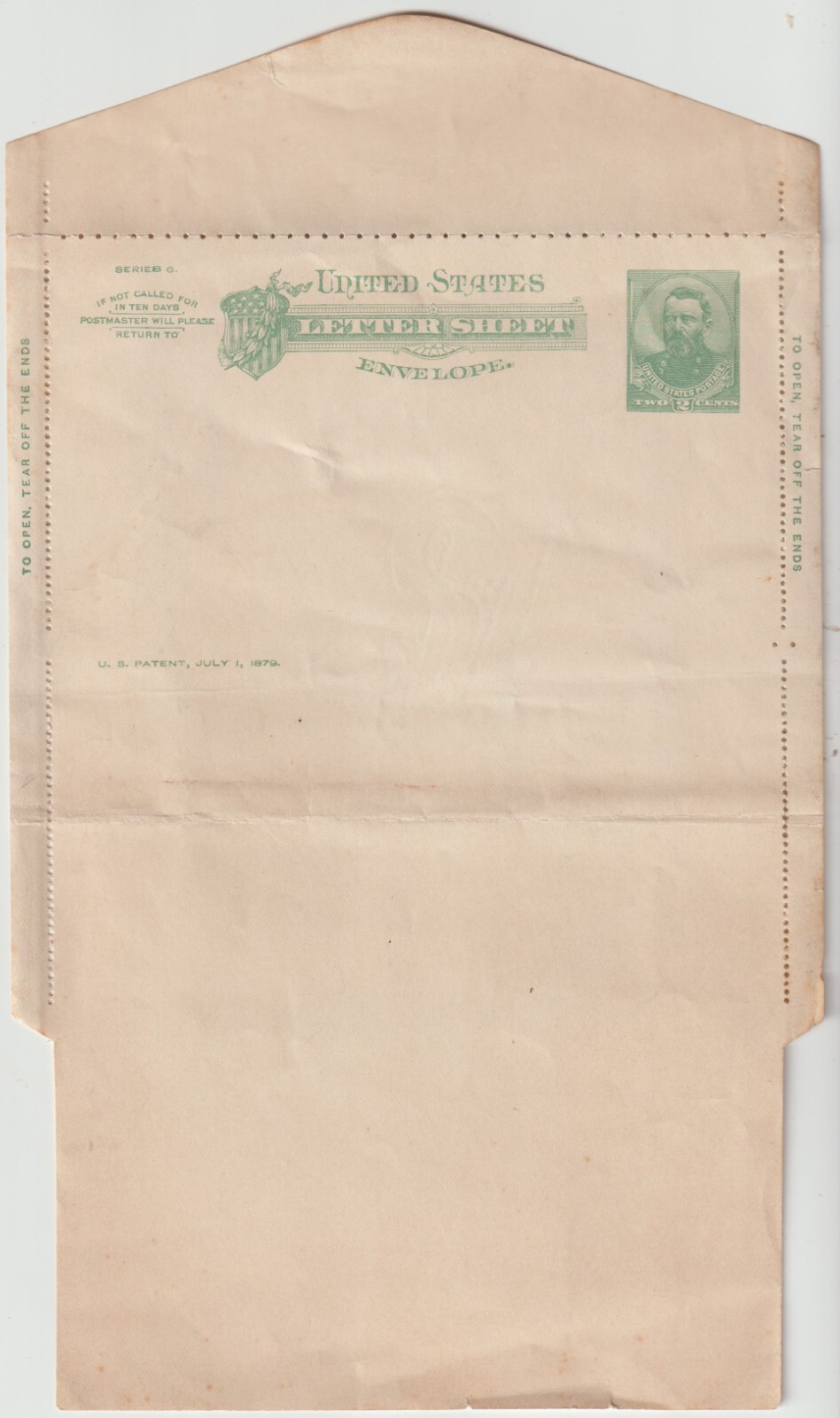 U.S. POSTAL STATIONARY; 2c GREEN #U 293 M SERIES 6 ENTIRE LETTER SHEET ...