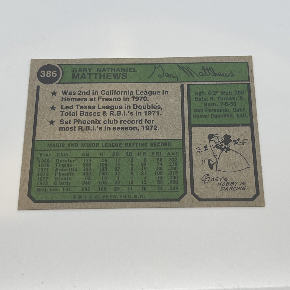 1974 Topps #386 Gary Matthews San Francisco Giants | eBay