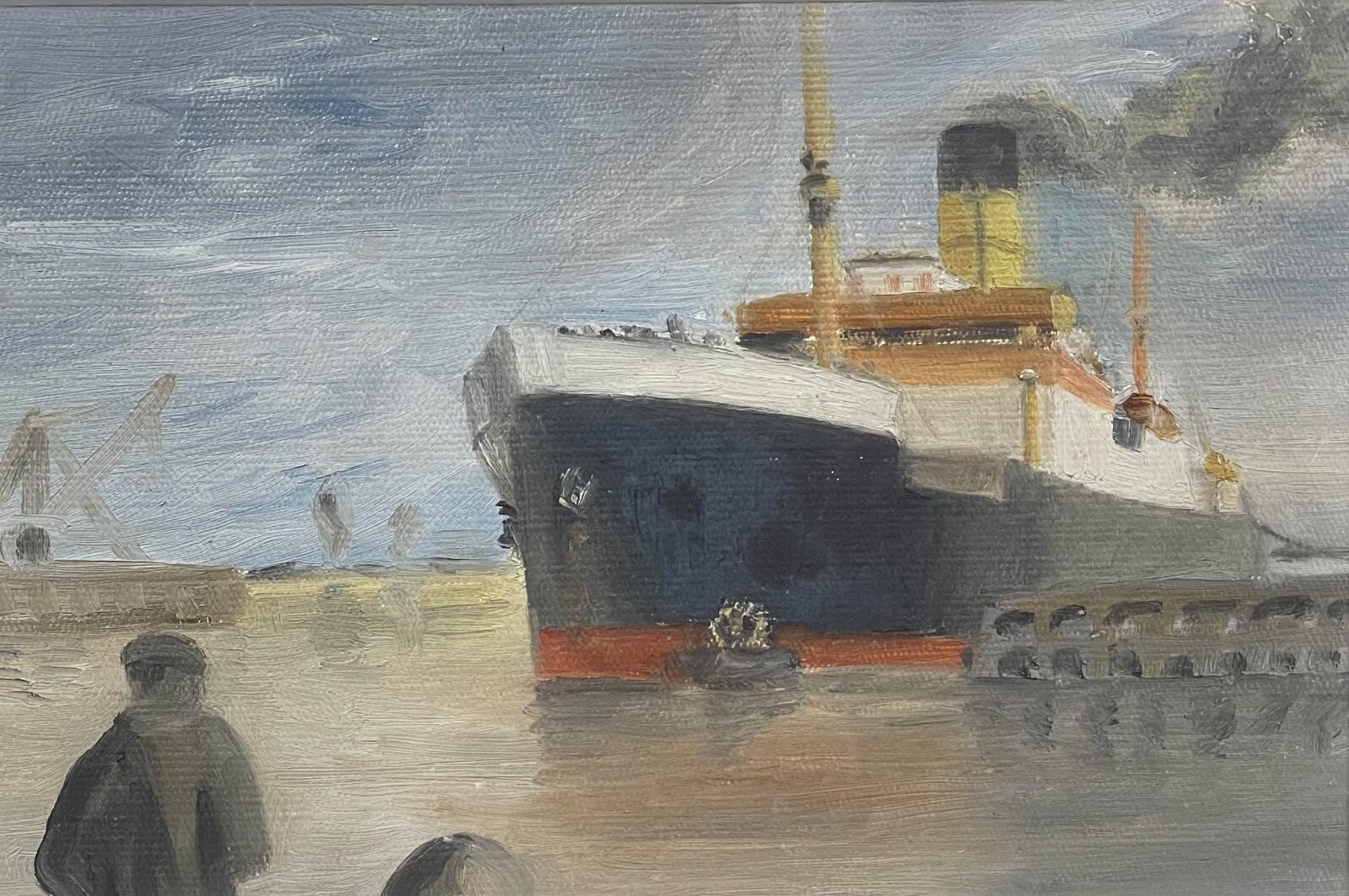 Vintage Industrial Oil Painting Steamship at Port | eBay UK