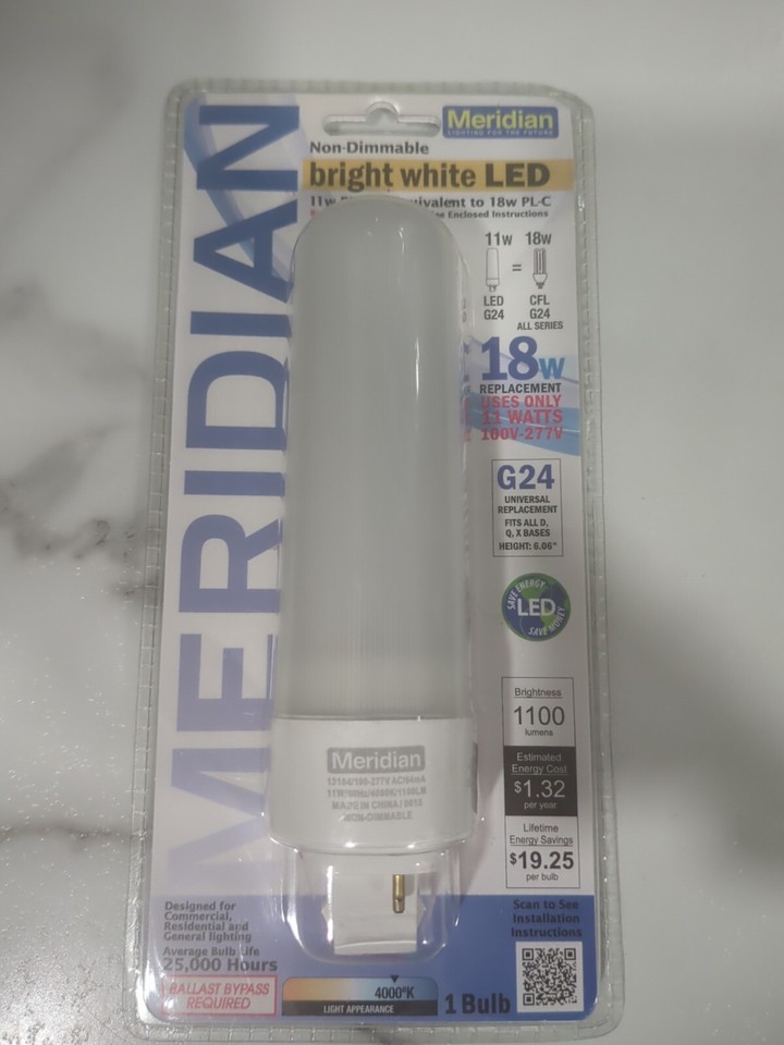 Meridian 13184 18W Equival Bright White 4000K PL LED Rep Light Bulb 11W ...