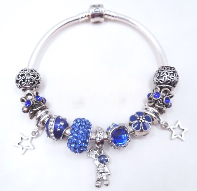PANDORA SILVER BRACELET WITH ASTRONAUT SPACE STARS MOON CZ BLUE THEMED ...