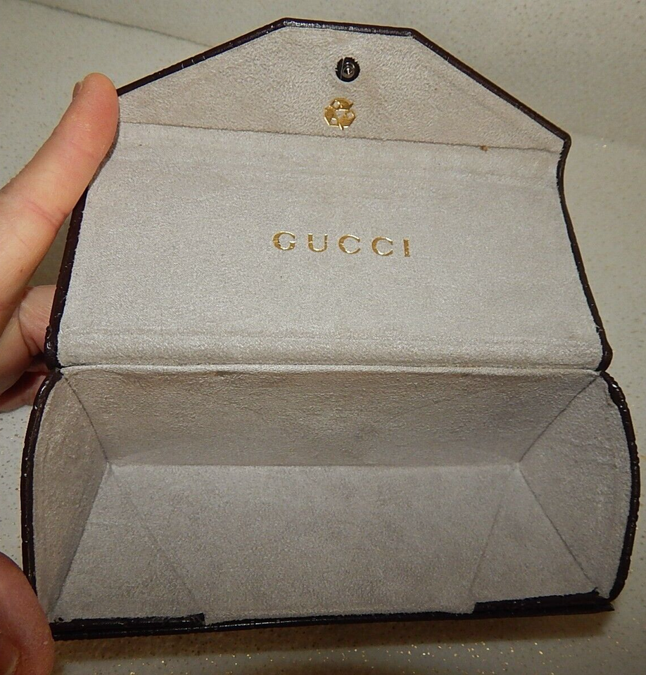 Authentic Gucci Eyeglass Sunglass Case Tringle Brown Leather Double GG ...