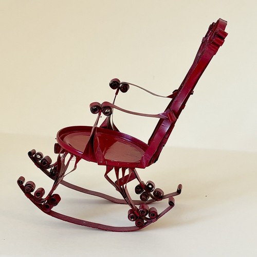 Bright Red Vintage Tin Can Rocking Chair w Scrollwork Folk Art Tramp ...