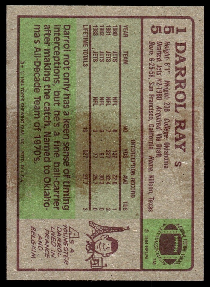 1984 TOPPS DARROL RAY K NEW YORK JETS #155 | eBay