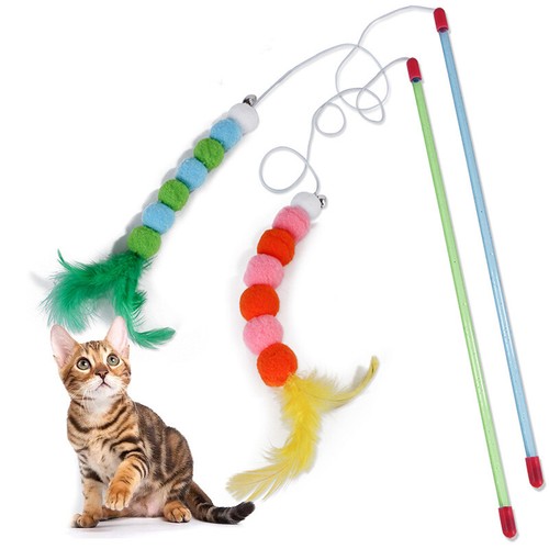 Cat Feather Wand Stick Cat Teaser Kitten Toy Dangle Bell Interactive ...