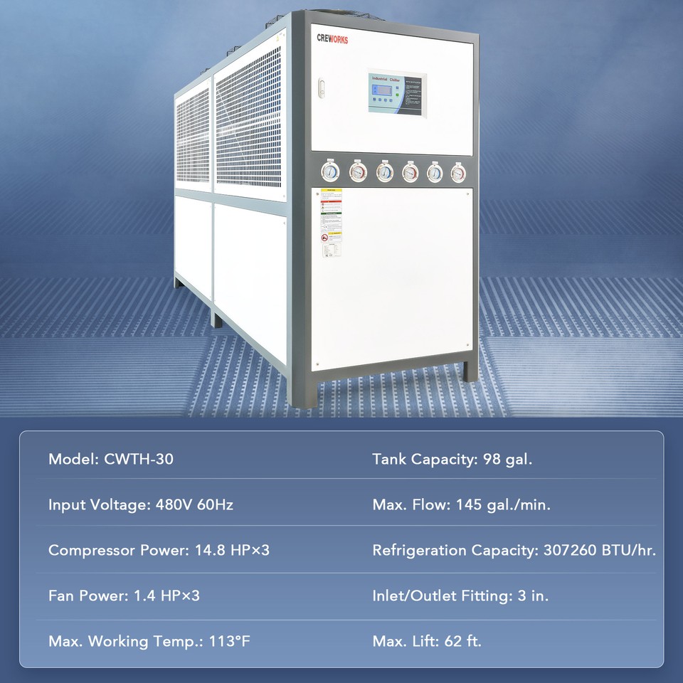 CREWORKS 25 Ton 45HP Industrial Air-Cooled Water Chiller with 98 gal ...