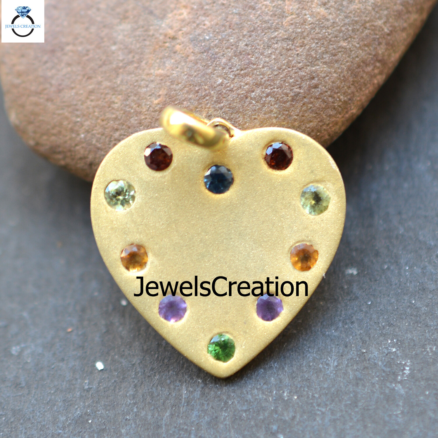Natural Multi Gemstone Heart Pendant Matte Finish Gold Plated 925 ...