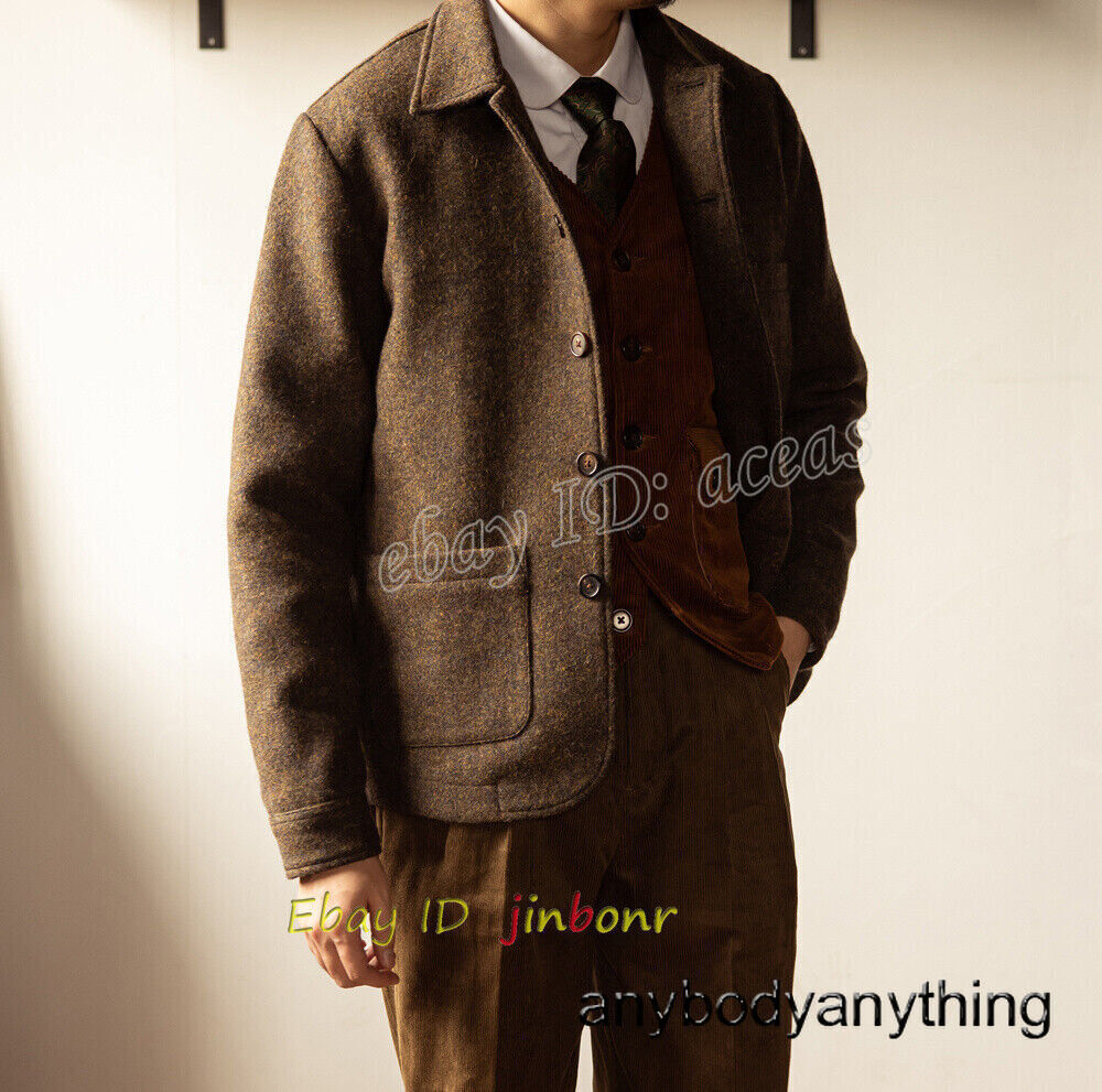 French Work Jacket Winter Warm Men Wool Tweed Coat Vintage Casual ...