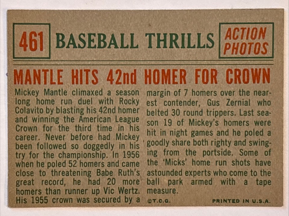 Pristine 1959 Topps Baseball Thrills: Mantle Hits 42nd Homer For Crown ...