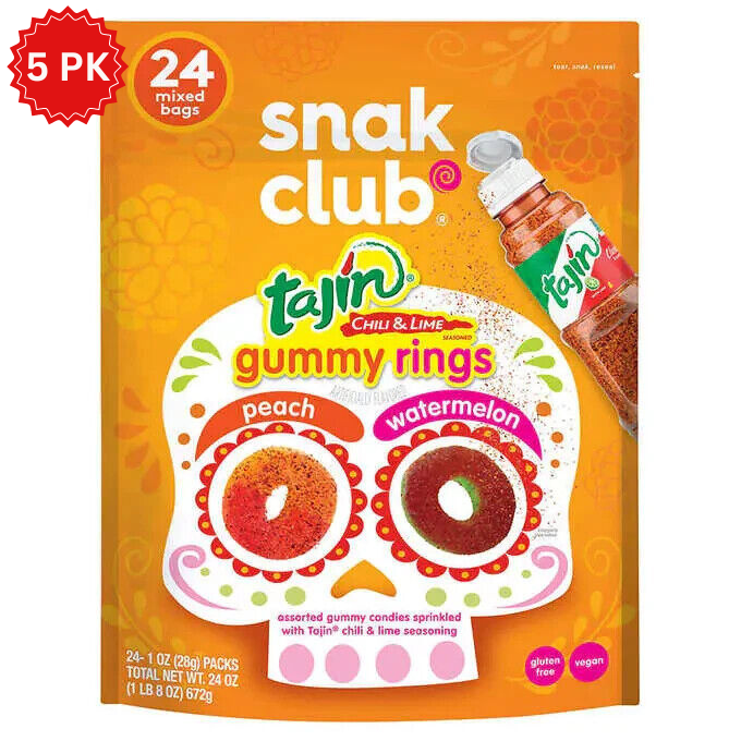 Snack Club Gummy Rings Peach & Watermelon Tajin Chile & Lime (5 Packs ...
