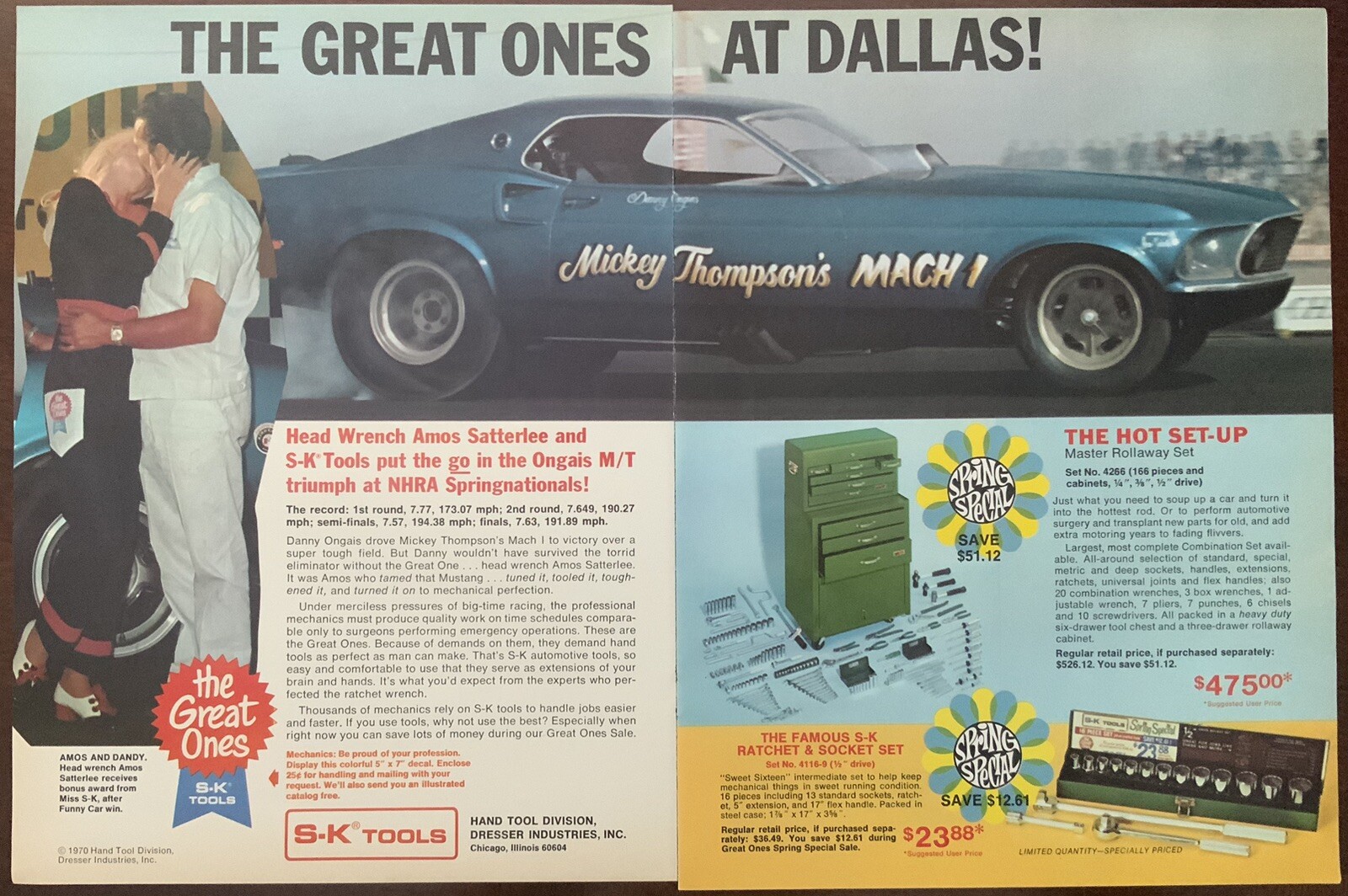Original 2-Page 1970 S-K Tools Color Ad w/ Mickey Thompson 1969 Mustang ...
