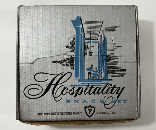 Vintage Federal Glass Crystal Hospitality Snack Set 4 Trays And 4 Cups ...