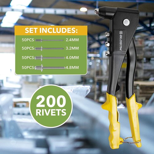 Heavy Duty Hand Pop Rivet Gun Tool Kit 200 Assorted Rivets 4 Nozzle ...