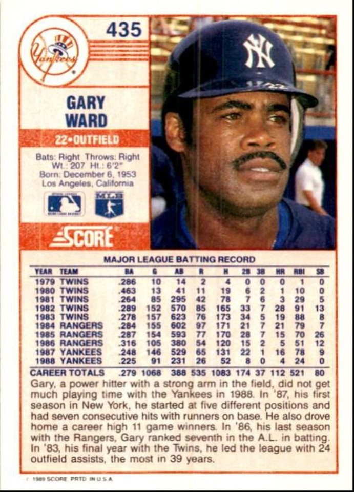 1989 Score Baseball Card Gary Ward A New York Yankees #435 | eBay