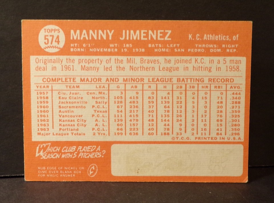 1964 Topps #574 Manny Jimenez Kansas City Athletics NM | eBay