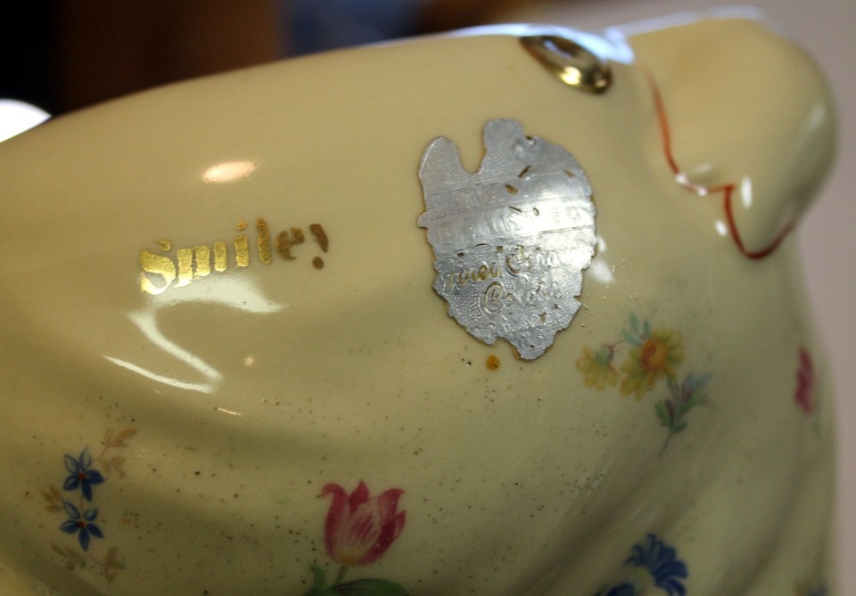 Smiley Pig Cookie Jar - by Shawnee Pottery - Yellow with Gold lettering ...