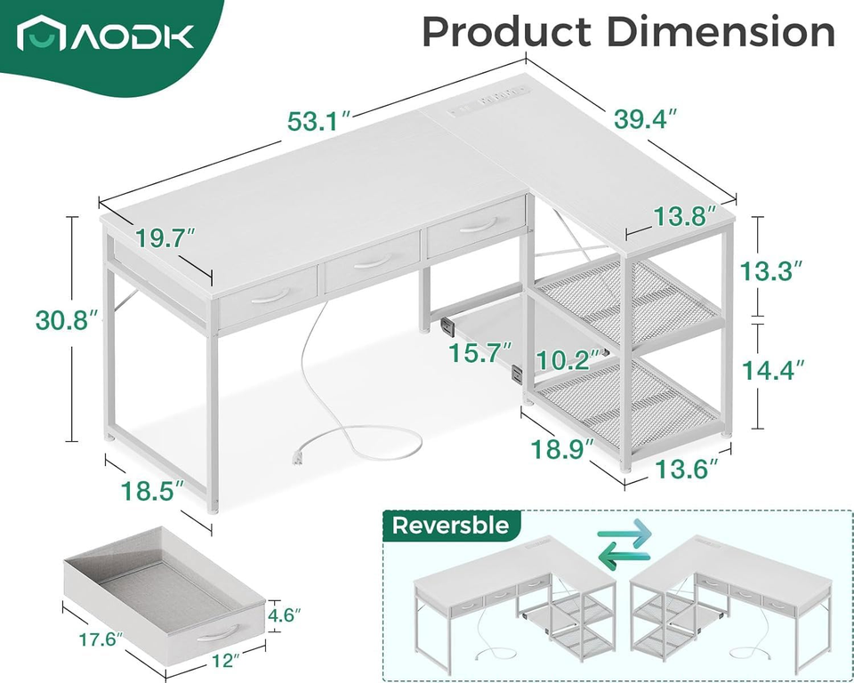53 Inch L Shaped Computer Desk with Drawers, Corner Desk with Power ...