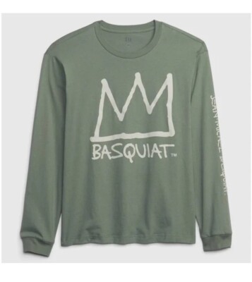 New JEAN-MICHEL BASQUIAT Crown Logo Mens Medium Green L/S T-shirt | eBay