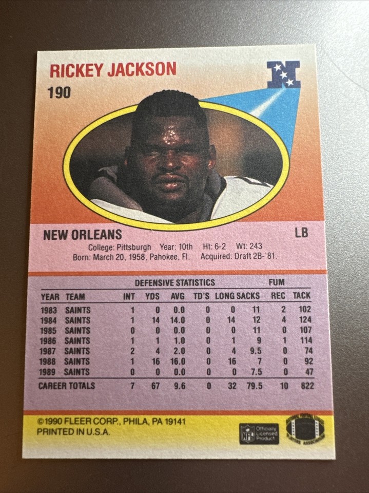 1990 Fleer Rickey Jackson New Orleans Saints #190 - Dome Patrol & Hall ...