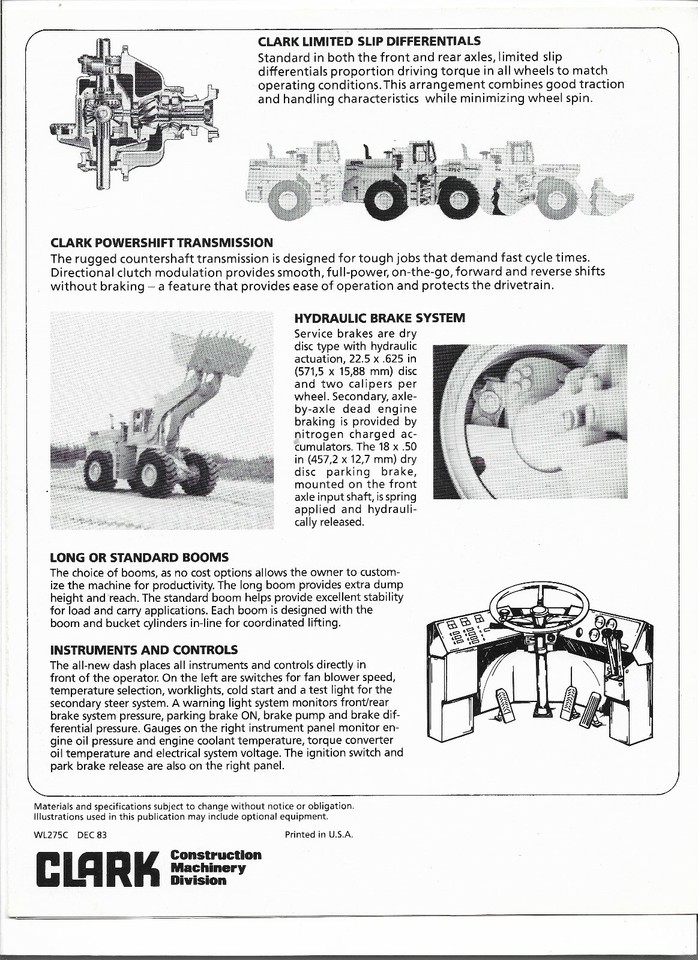 Original Clark Michigan 275C Wheel Loader Sales Brochure Form # WL275C ...