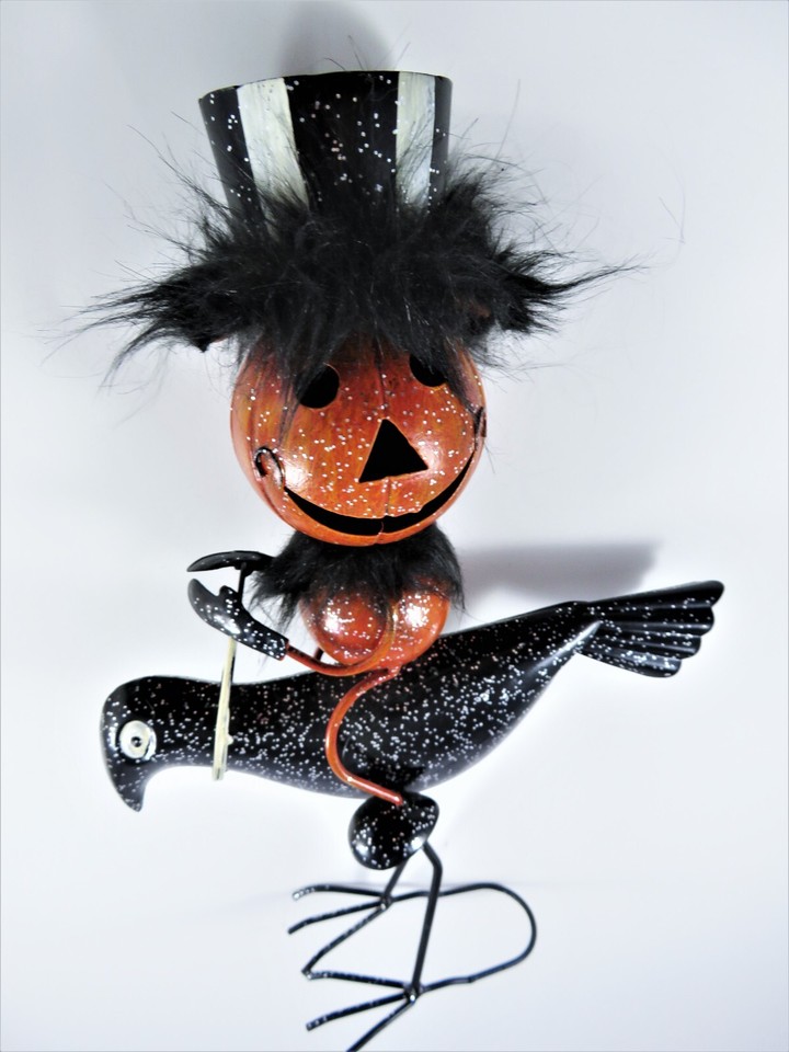 Tin Pumpkin On Black Crow Standing Halloween Décor 15.25 Inches Tall | eBay