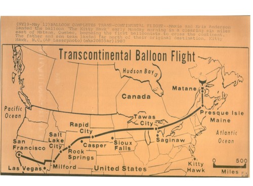 Map Chart BALLOONISTS Maxie, Kris Anderson Cross Country FLIGHT 1980 ...