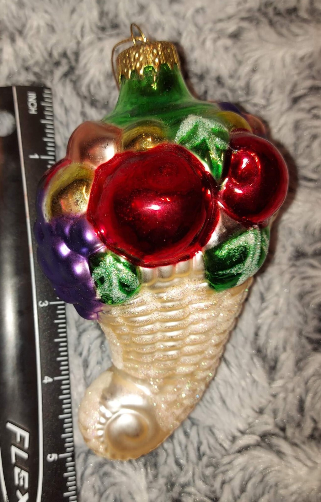 Vintage Large 5 in Cornucopia Blown Glass Christmas Glitter Ornament ...