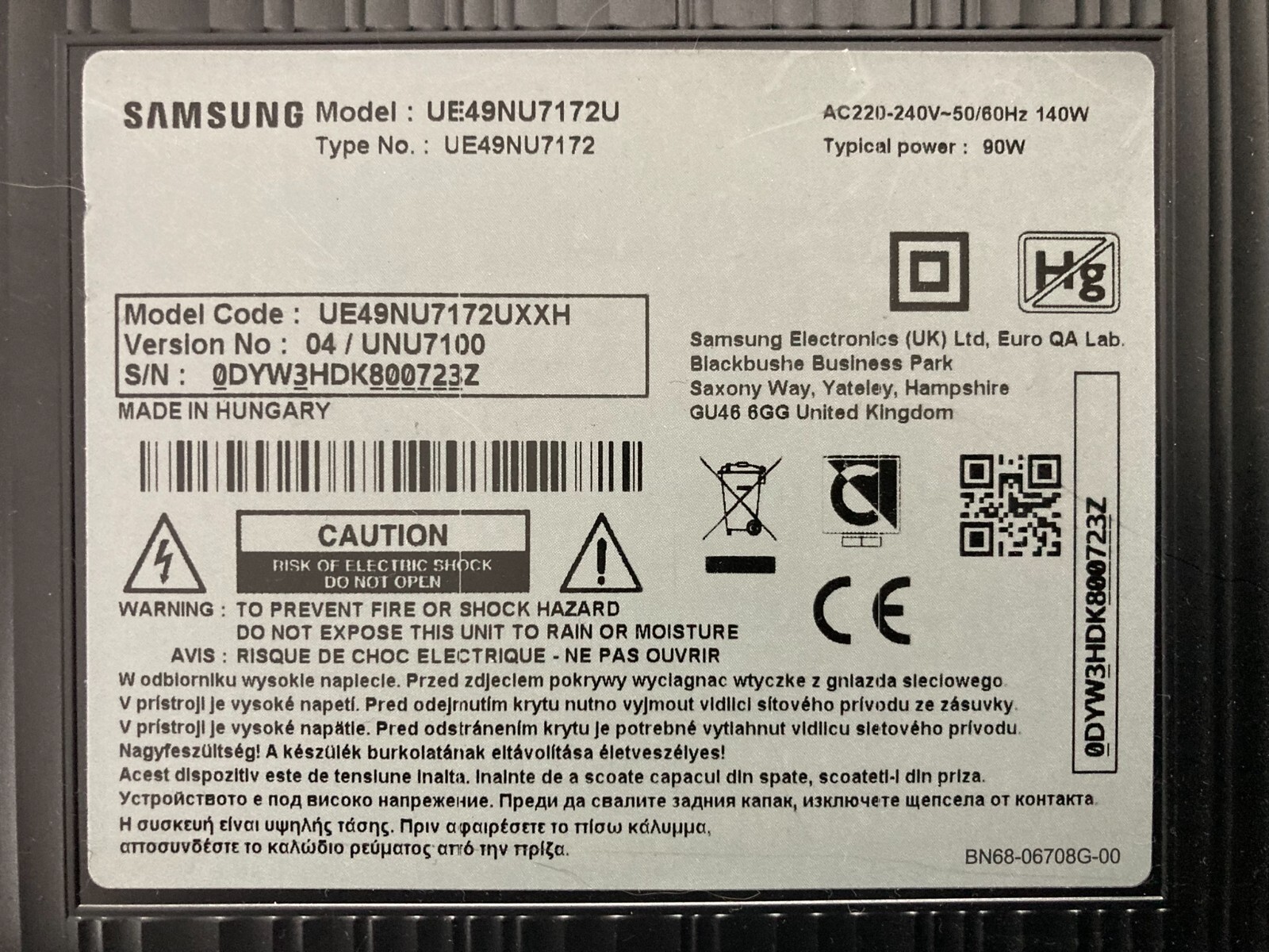 Y18 VNB V0.7 (CT171124) IR Receiver Pwr Btn Samsung UE55NU UE49NU ...